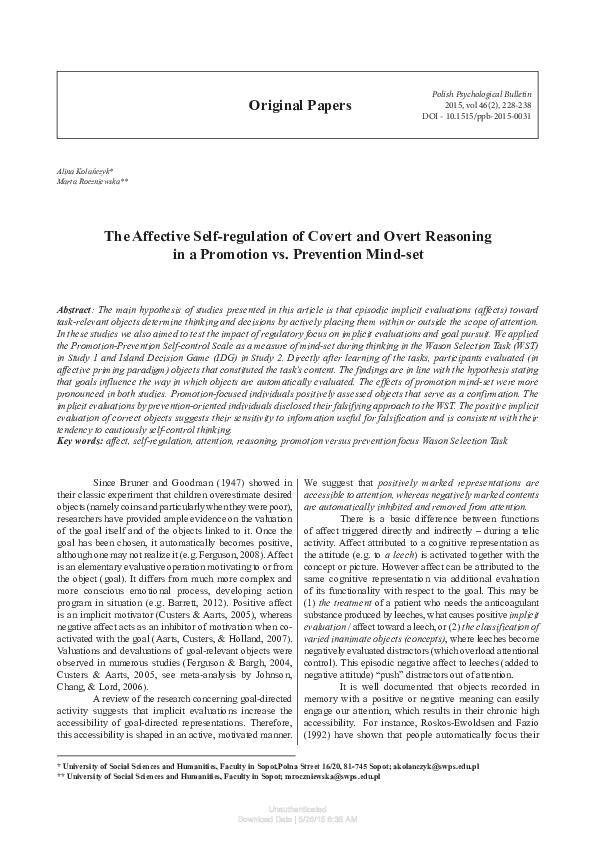 (PDF) The Affective Self-regulation of Covert and Overt Reasoning in a ...