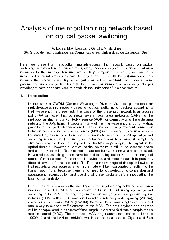 (PDF) Analysis of metropolitan ring network based on optical packet ...