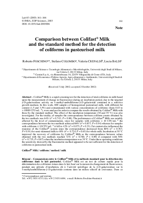 (PDF) Comparison between Colifast Milk and the standard method for the ...