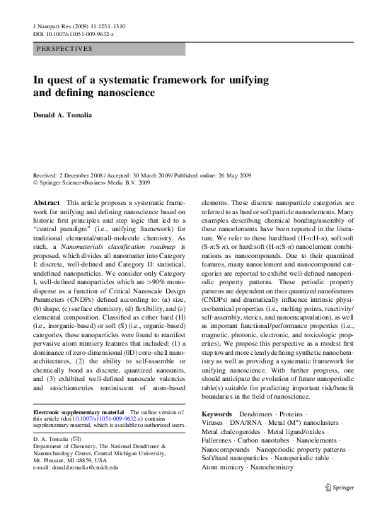 Pdf In Quest Of A Systematic Framework For Unifying And Defining Nanoscience