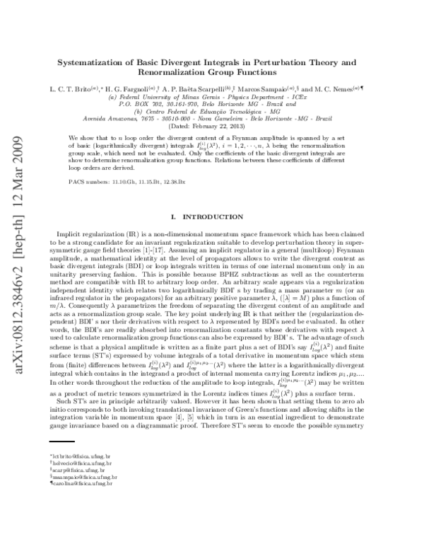 Pdf Systematization Of Basic Divergent Integrals In Perturbation Theory And Renormalization