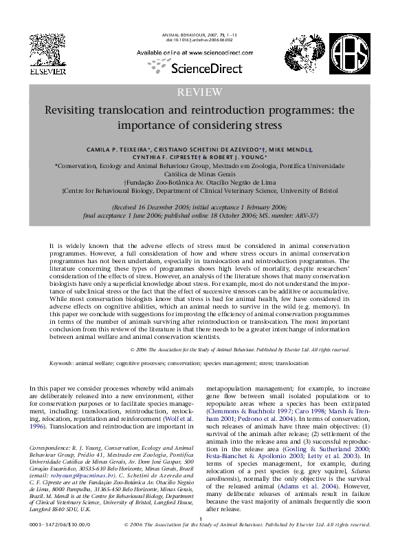 (PDF) Revisiting translocation and reintroduction programmes: the ...