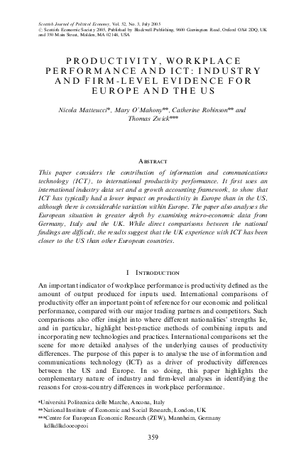 (PDF) PRODUCTIVITY, WORKPLACE PERFORMANCE AND ICT: INDUSTRY AND FIRM-LEVEL EVIDENCE FOR EUROPE ...