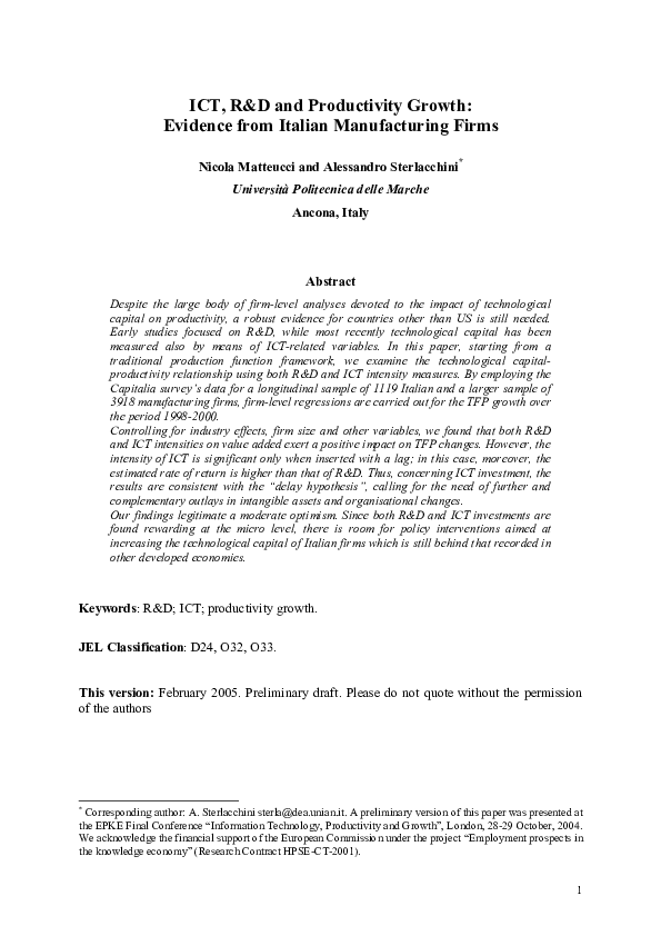 (PDF) ICT, R&D and productivity growth: evidence from Italian manufacturing firms