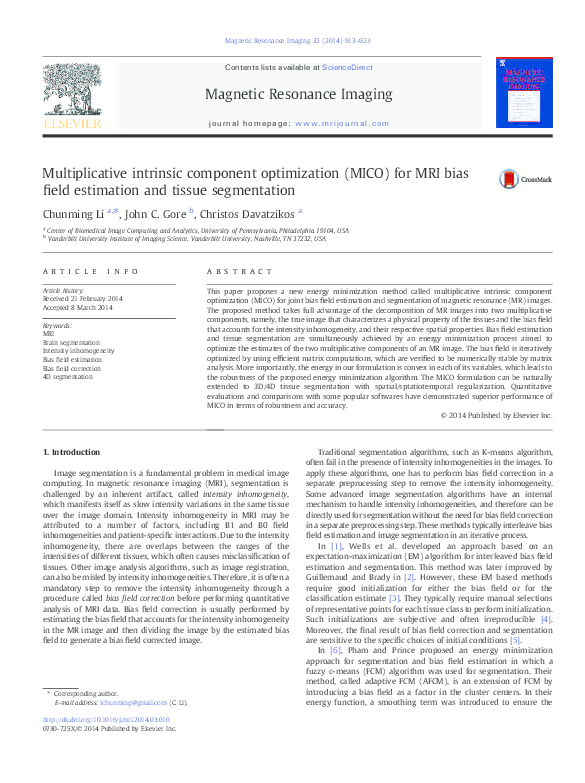 (PDF) Multiplicative intrinsic component optimization (MICO) for MRI bias field estimation and ...