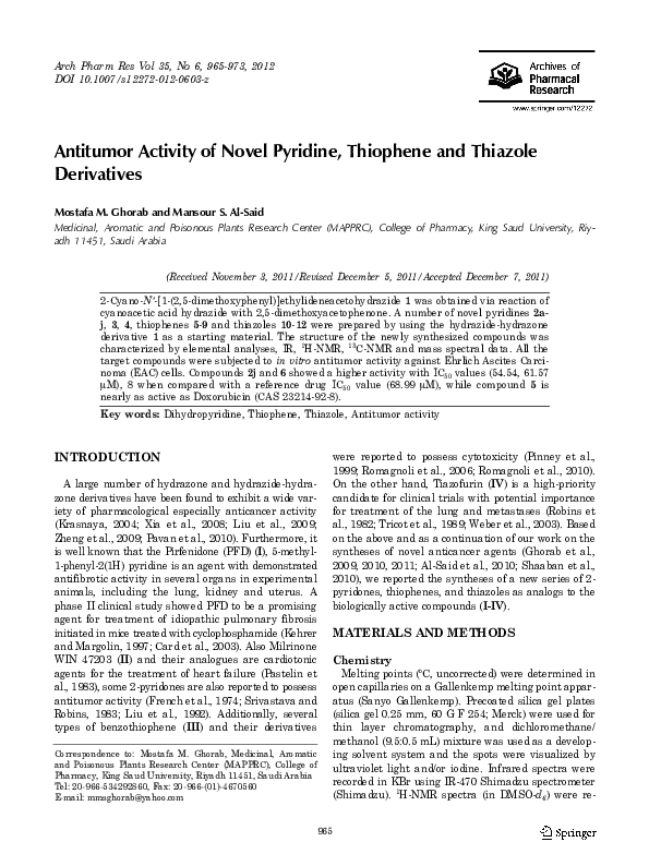 (PDF) Antitumor activity of novel pyridine, thiophene and thiazole ...