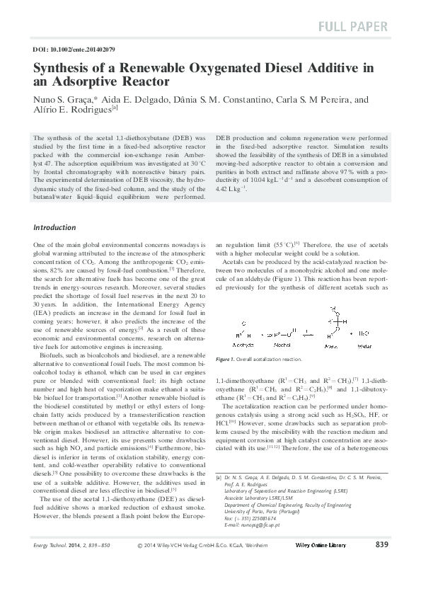 (PDF) Synthesis of a Renewable Oxygenated Diesel Additive in an ...