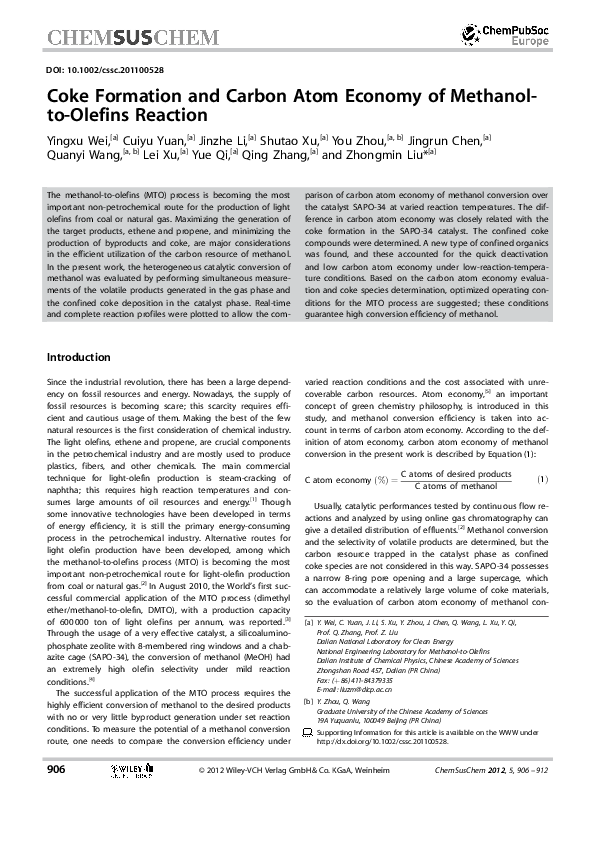 (PDF) Coke Formation and Carbon Atom Economy of Methanol-to-Olefins ...