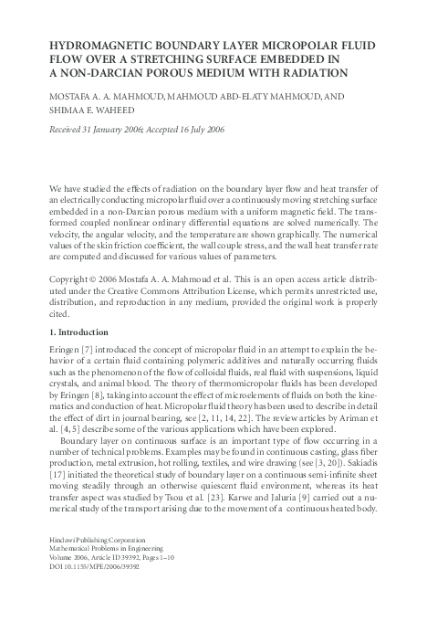 Pdf Hydromagnetic Boundary Layer Micropolar Fluid Flow Over A Stretching Surface Embedded In A