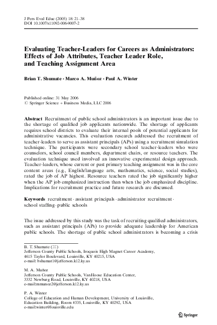 (PDF) Evaluating Teacher-Leaders for Careers as Administrators: Effects ...