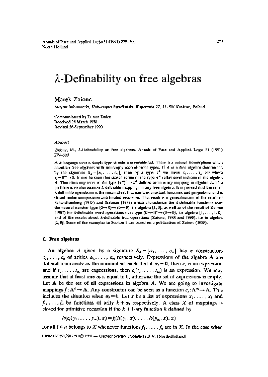 (PDF) lambda-Definability on Free Algebras | Marek Zaionc - Academia.edu