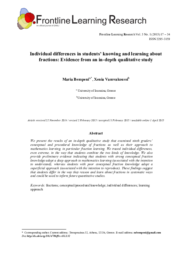 (PDF) Individual differences in students' knowing and learning about fractions: Evidence from an ...