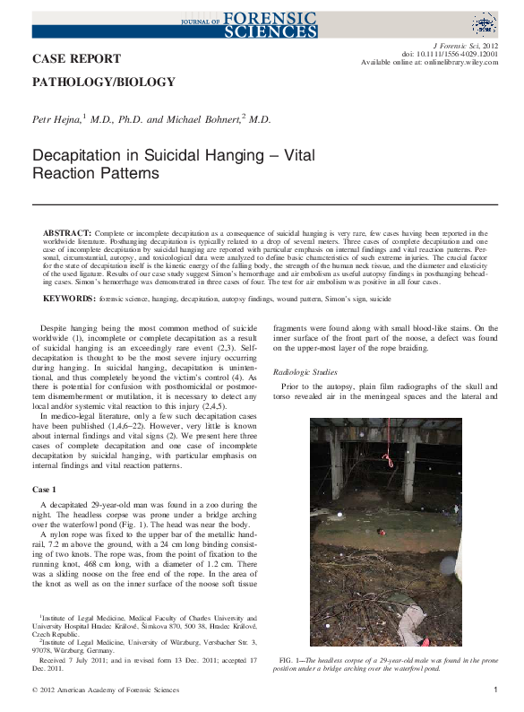 (PDF) Decapitation in Suicidal Hanging - Vital Reaction Patterns