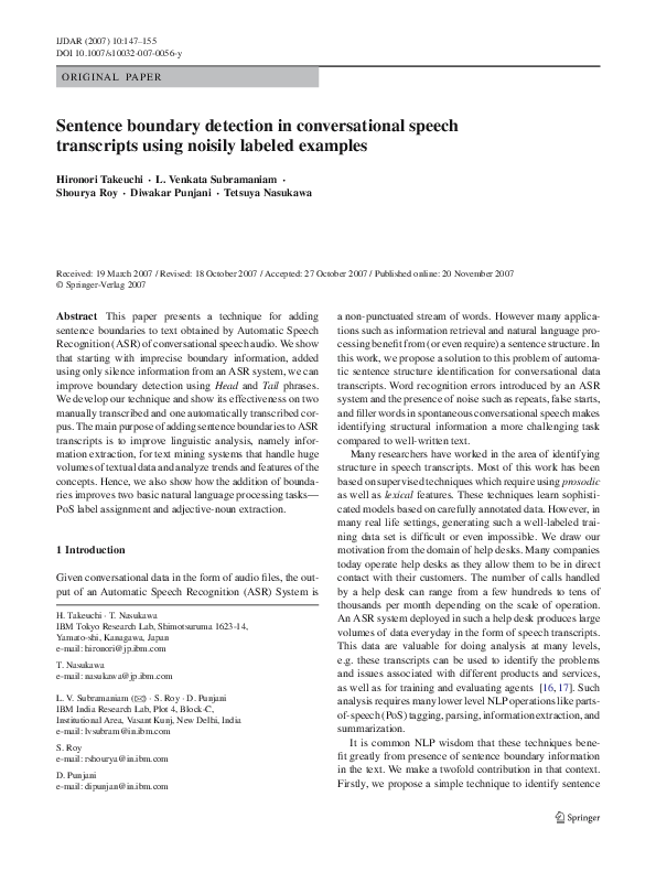 Pdf Sentence Boundary Detection In Conversational Speech Transcripts Using Noisily Labeled