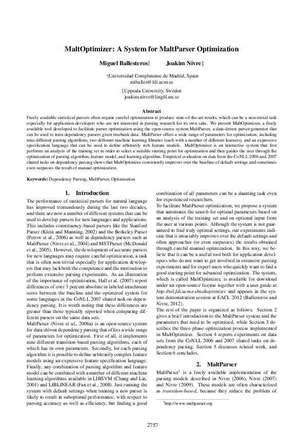 (PDF) MaltOptimizer: A System for MaltParser Optimization