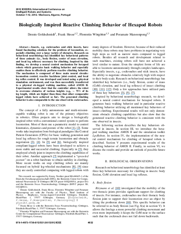 (PDF) Biologically inspired reactive climbing behavior of hexapod robots | Dennis Goldschmidt ...