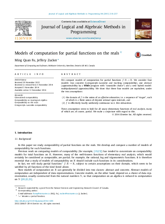 (PDF) Models of computation for partial functions on the reals