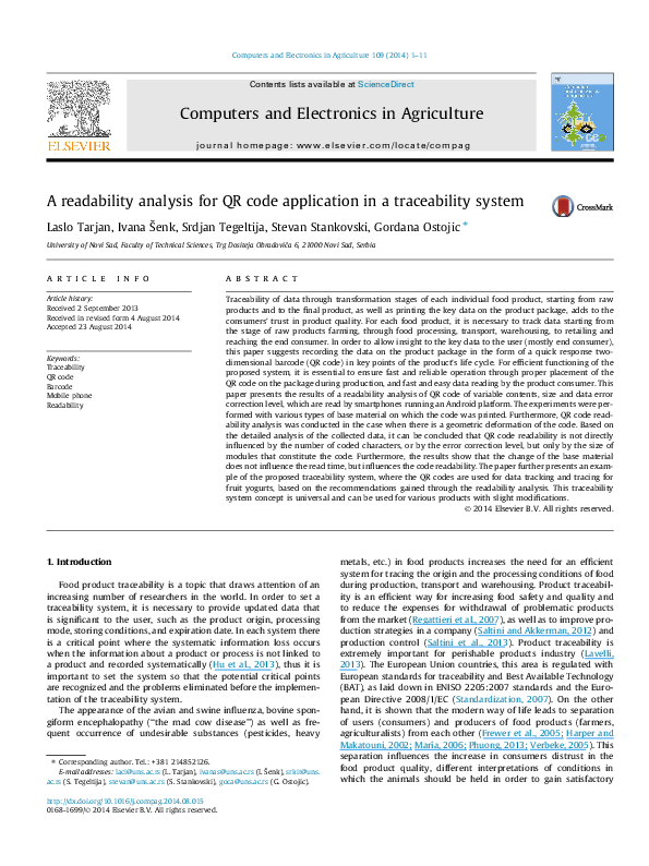 (PDF) A readability analysis for QR code application in a traceability ...