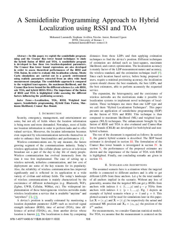 Pdf A Semidefinite Programming Approach To Hybrid Localization Using Rssi And Toa