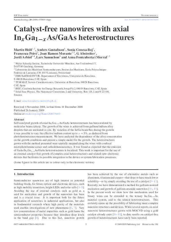 (PDF) Catalyst-free nanowires with axial InxGa1− xAs/GaAs heterostructures