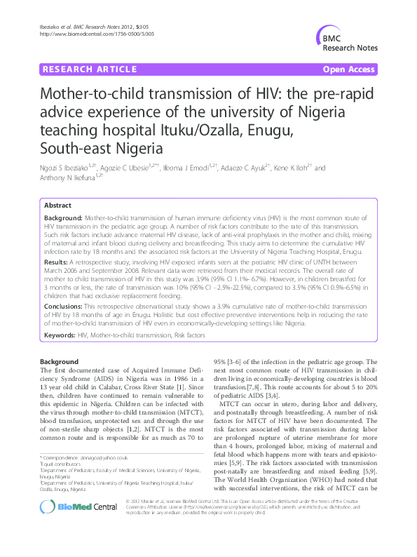 (PDF) Mother-to-child transmission of HIV: the pre-rapid advice ...