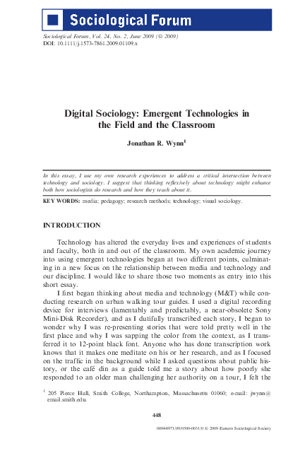 (PDF) Digital Sociology: Emergent Technologies in the Field and the ...