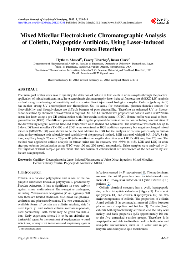(PDF) Mixed Micellar Electrokinetic Chromatographic Analysis of Colistin, Polypeptide Antibiotic ...