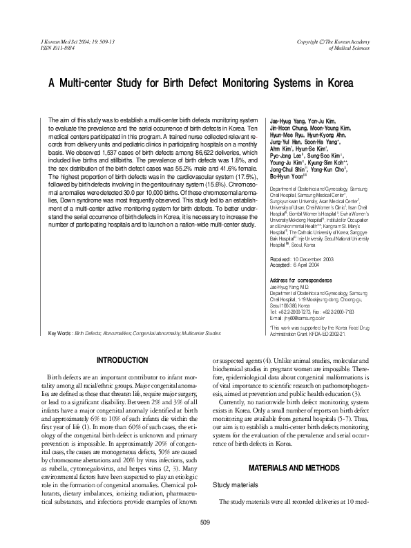 (PDF) A Multi-center Study for Birth Defect Monitoring Systems in Korea
