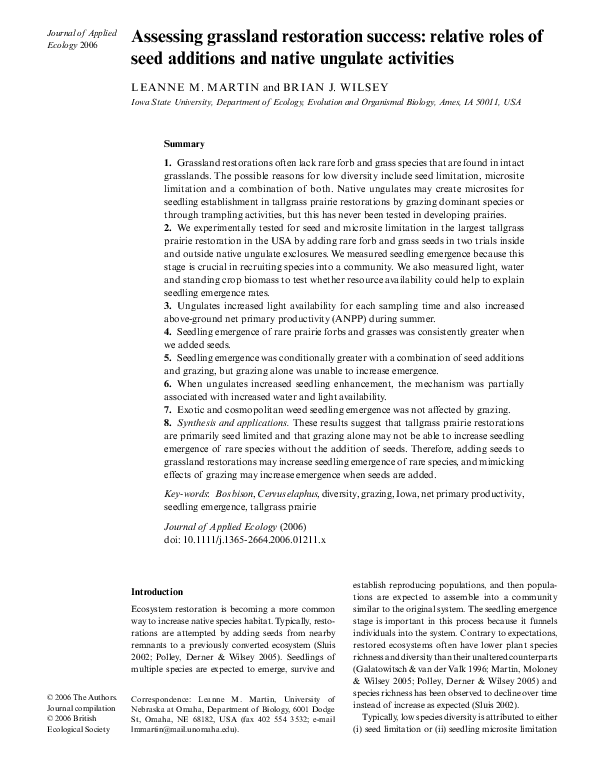 (PDF) Assessing grassland restoration success: relative roles of seed ...