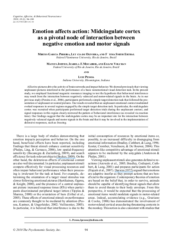 Pdf Emotion Affects Action Midcingulate Cortex As A Pivotal Node Of