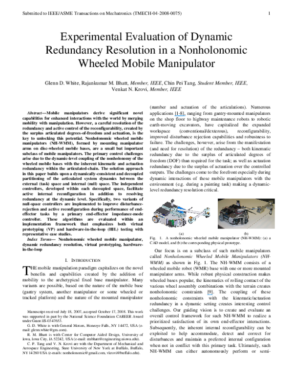 Pdf Experimental Evaluation Of Dynamic Redundancy Resolution In A Nonholonomic Wheeled Mobile 
