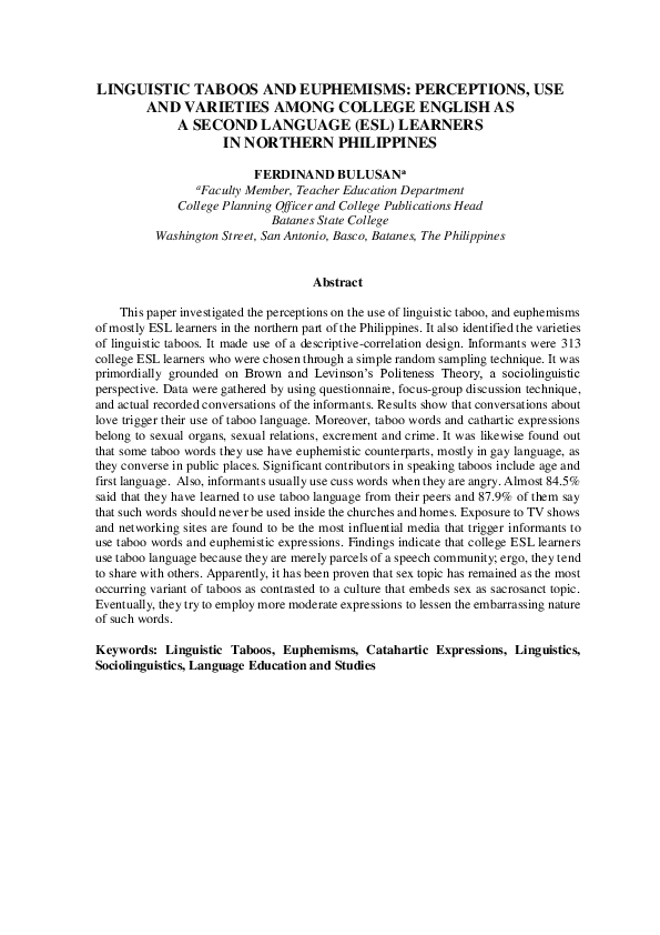 (PDF) LINGUISTIC TABOOS AND EUPHEMISMS: PERCEPTIONS, USE AND VARIETIES ...