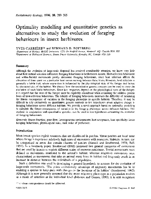 (PDF) Optimality modelling and quantitative genetics as alternatives to ...