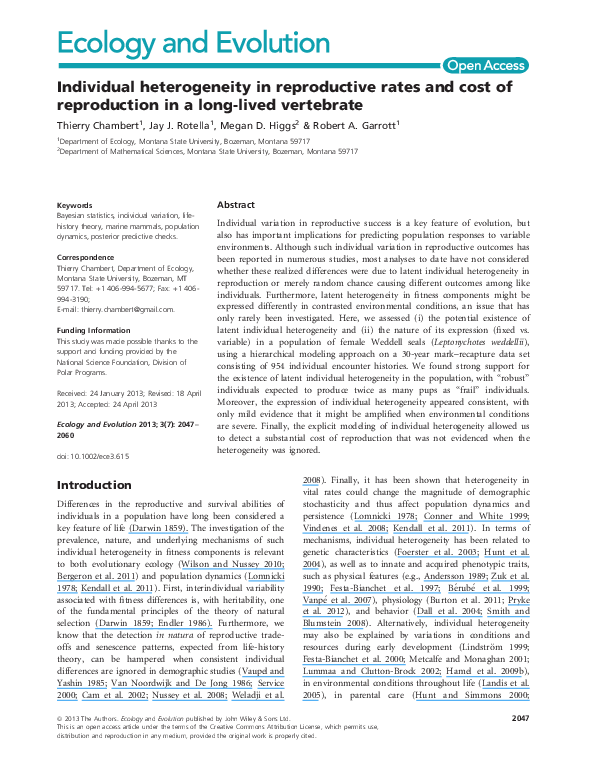(PDF) Individual heterogeneity in reproductive rates and cost of ...