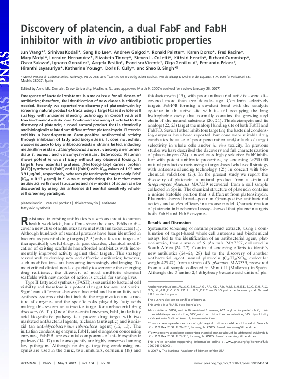 (PDF) Discovery of platencin, a dual FabF and FabH inhibitor with in ...