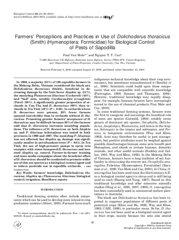 (PDF) Farmers' Perceptions and Practices in Use of Dolichoderus thoracicus (Smith) (Hymenoptera ...