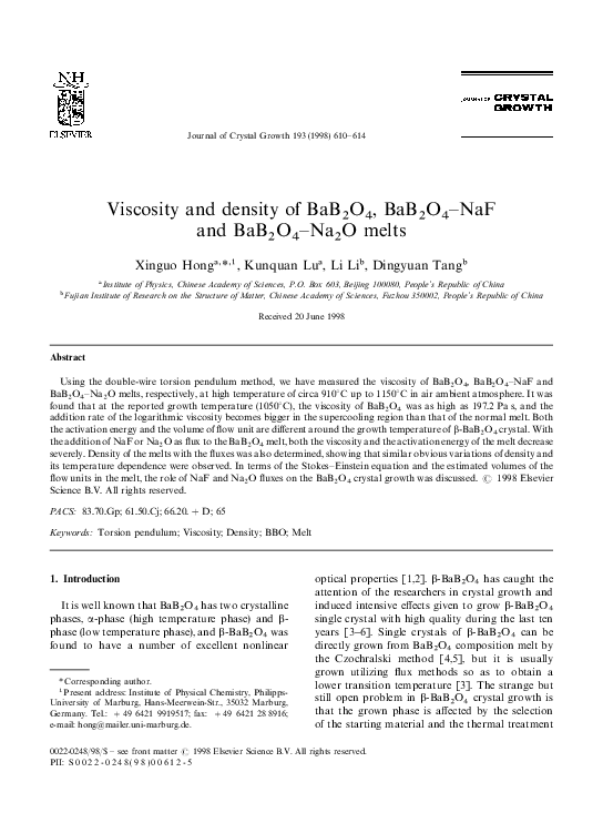 (PDF) Viscosity and density of BaB2O4, BaB2O4–NaF and BaB2O4–Na2O melts