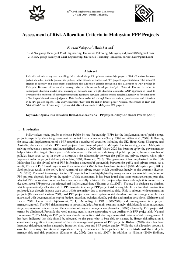 (PDF) Assessment of Risk Allocation Criteria in Malaysian PPP Projects