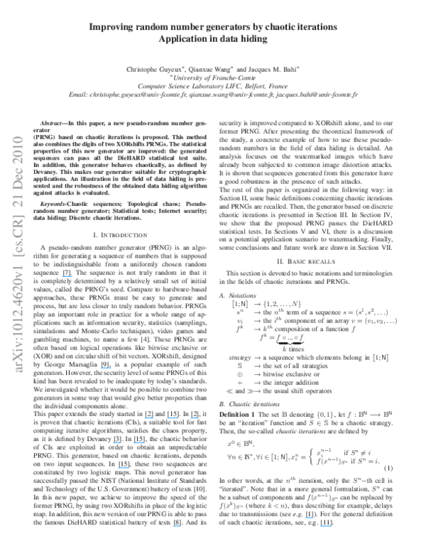 (PDF) Improving random number generators by chaotic iterations. Application in data hiding