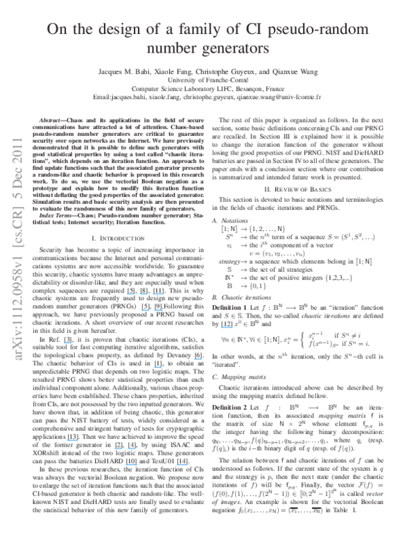 (PDF) On the Design of a Family of Ci Pseudo-Random Number Generators