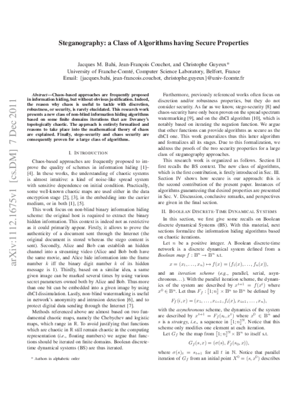Pdf Steganography A Class Of Algorithms Having Secure Properties Christophe Guyeux