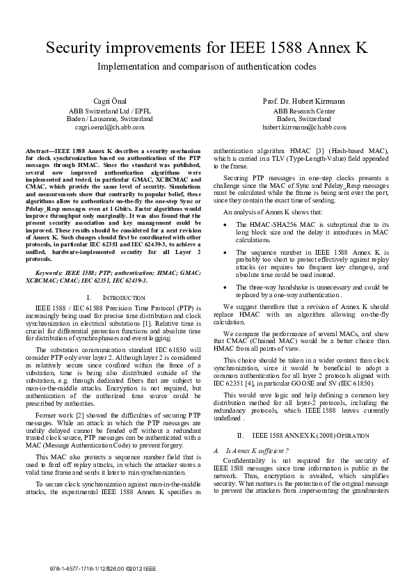 (PDF) Security improvements for IEEE 1588 Annex K: Implementation and comparison of ...