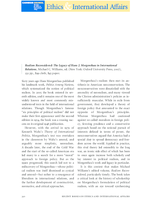 (PDF) Realism Reconsidered: The Legacy of Hans J. Morgenthau in ...