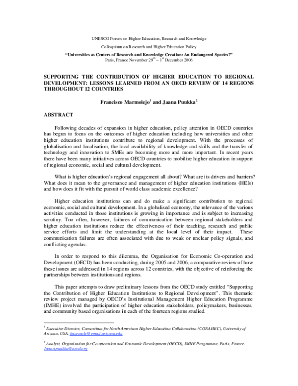 (PDF) Supporting the contribution of higher education to regional ...
