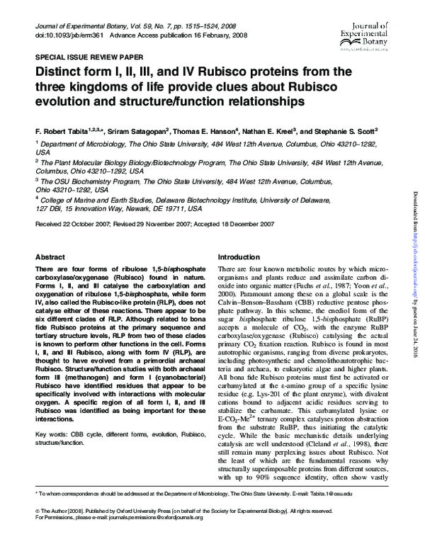 (PDF) Distinct form I, II, III, and IV Rubisco proteins from the three ...