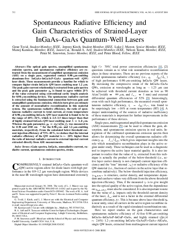 (PDF) Spontaneous Radiative Efficiency and Gain Characteristics of Strained-Layer InGaAs–GaAs ...