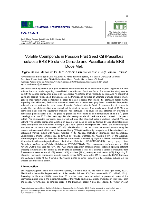 (PDF) Volatile Coumponds in Passion Fruit Seed Oil (Passiflora setacea ...