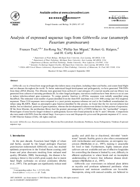 (PDF) Analysis of expressed sequence tags from Gibberella zeae (anamorph Fusarium graminearum)