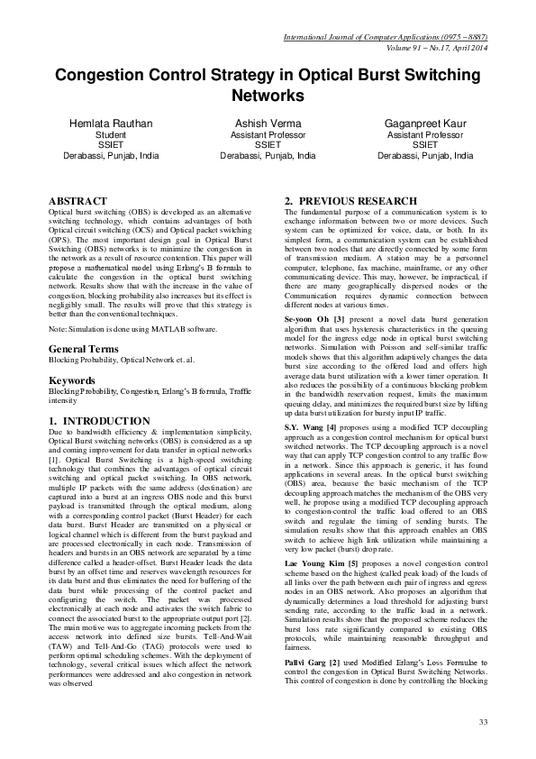 (PDF) Congestion Control Strategy in Optical Burst Switching Networks