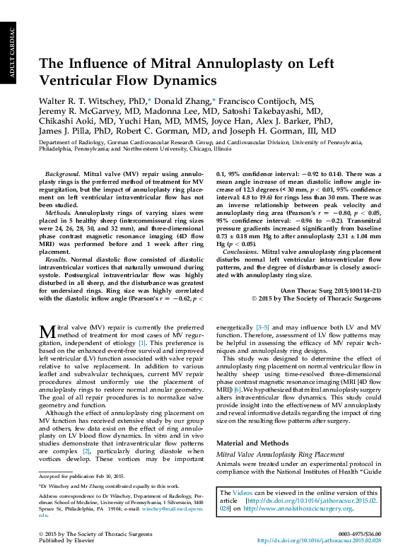 (PDF) The Influence of Mitral Annuloplasty on Left Ventricular Flow Dynamics